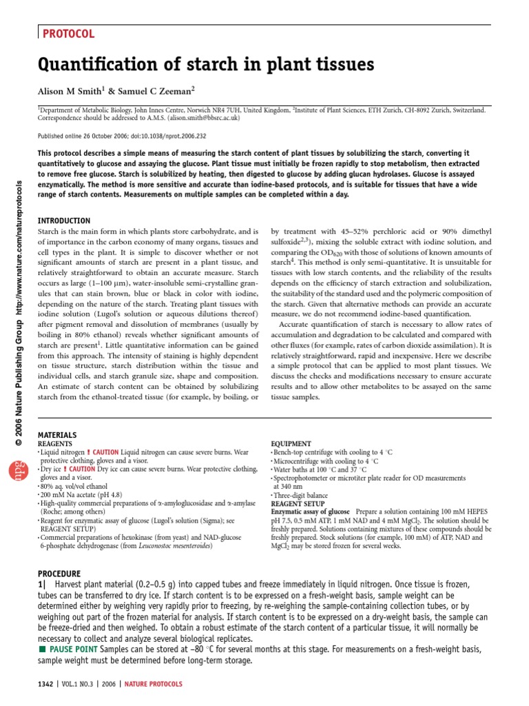 Quantification of Starch in Plant Tissues: Protocol | PDF | Starch ...