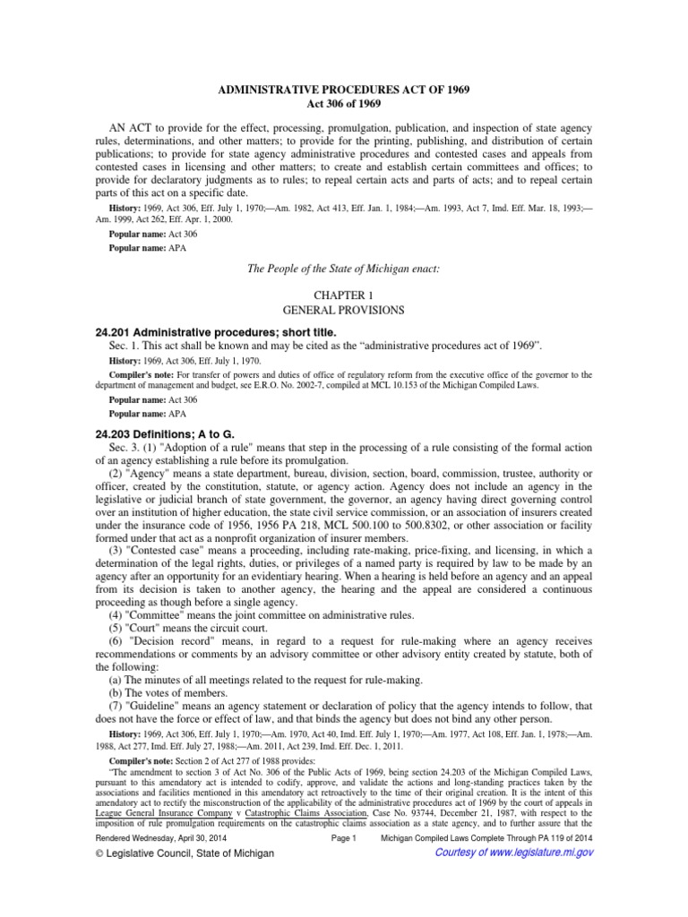 Administrative Procedure Act MCL Act 306 of 1969 | PDF | Rulemaking ...