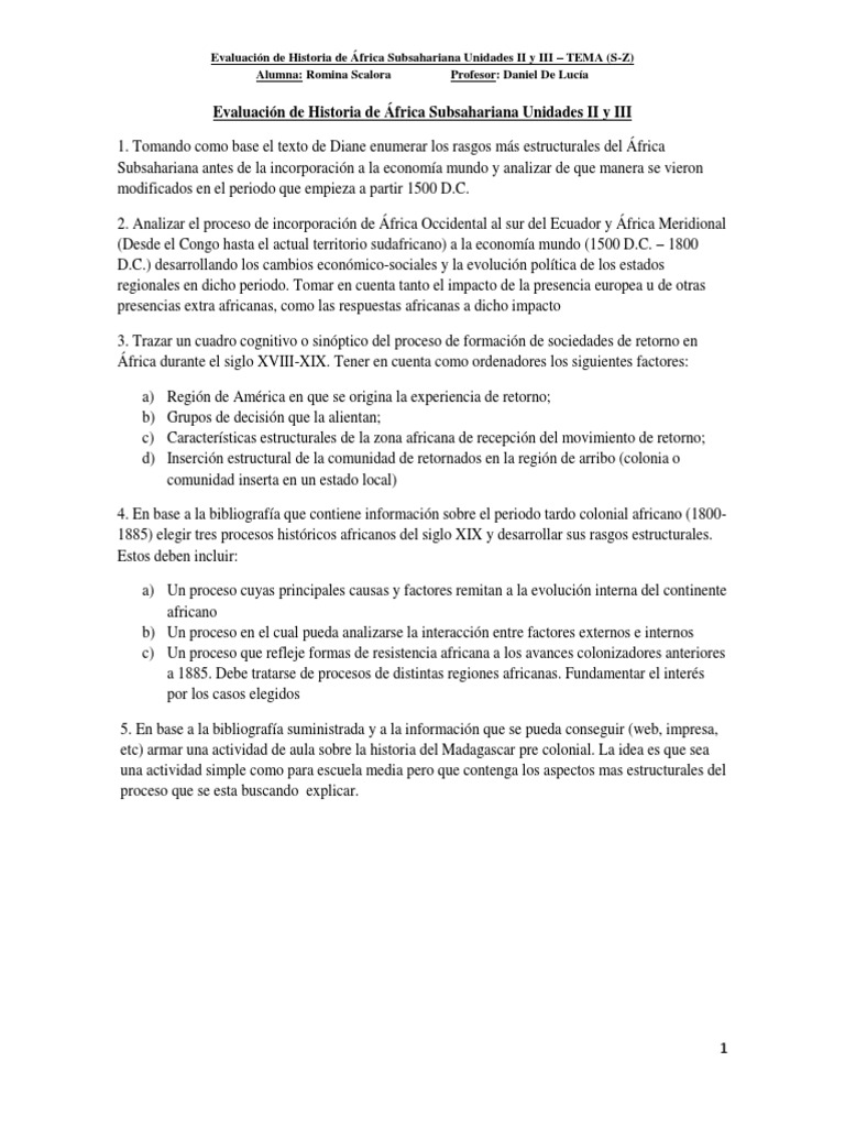 Evaluación de Historia de África Subsahariana Unidad III | PDF | África ...