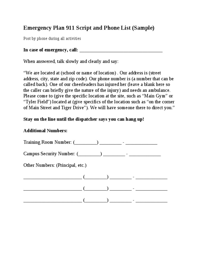 Emergency Response Plan: Sample Script and Contact List for Calling ...