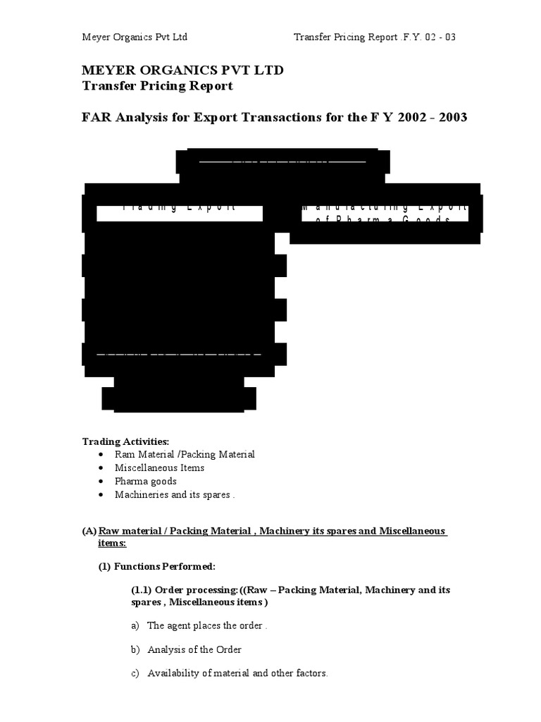 Meyer Organics PVT LTD Transfer Pricing Report FAR Analysis For Export ...