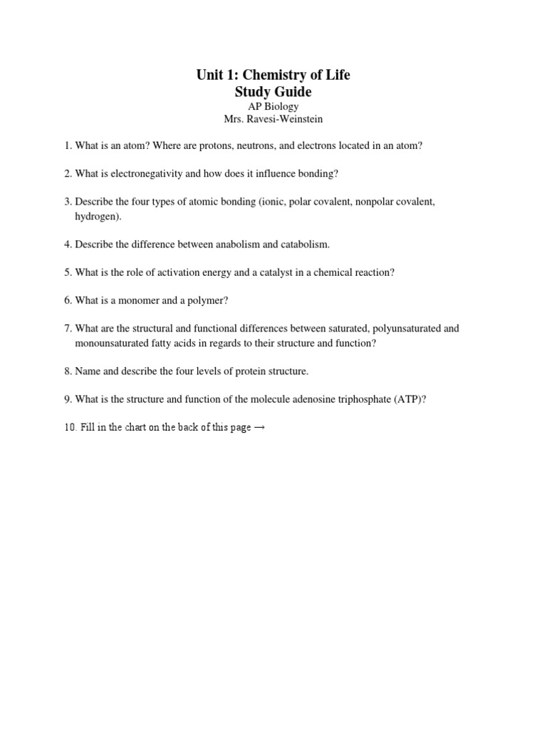Unit 1 Chemistry Of Life