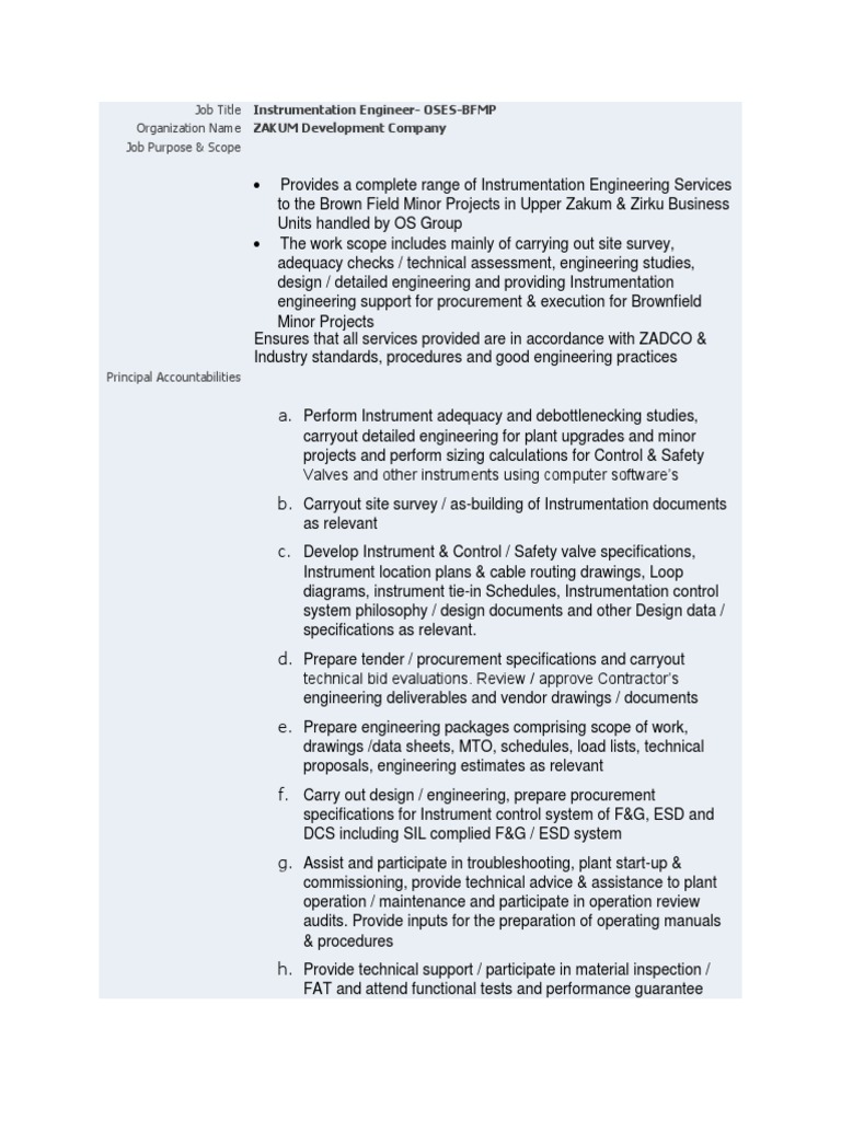 Job Title Organization Name Job Purpose & Scope: Instrumentation Engineer-OSES-BFMP ZAKUM ...