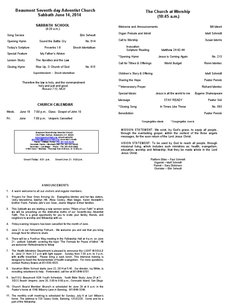 Bulletin | PDF | Seventh Day Adventist Church | Ancient Mediterranean ...