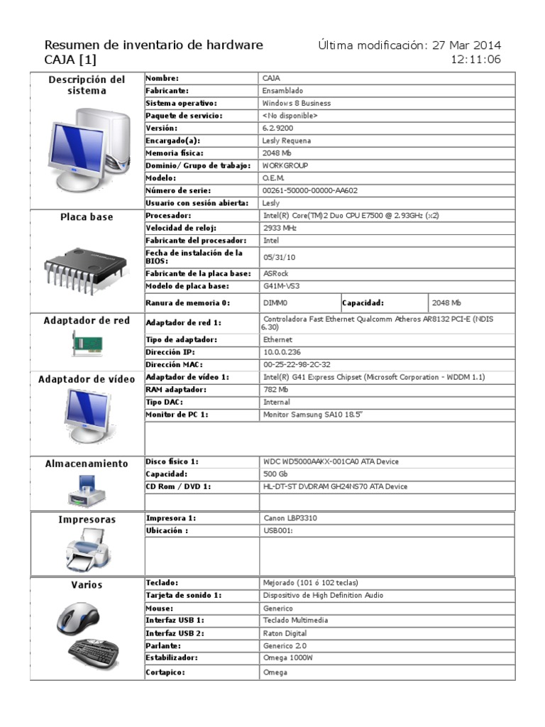 Resumen de Inventario de Hardware | PDF | Controlador de interfaz de ...