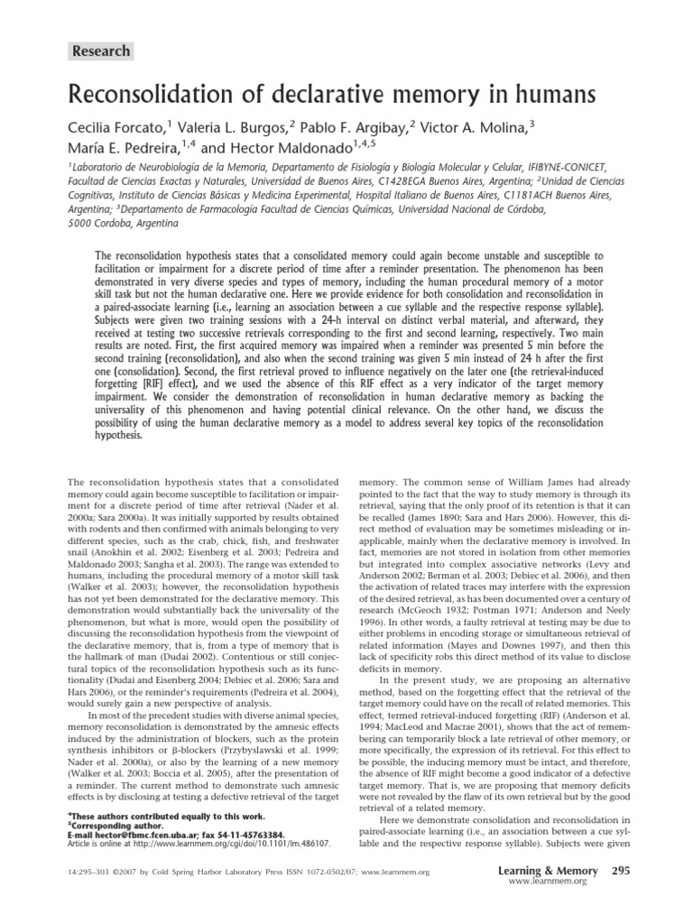 Memory Reconsolidation | PDF | Memory | Recall (Memory)