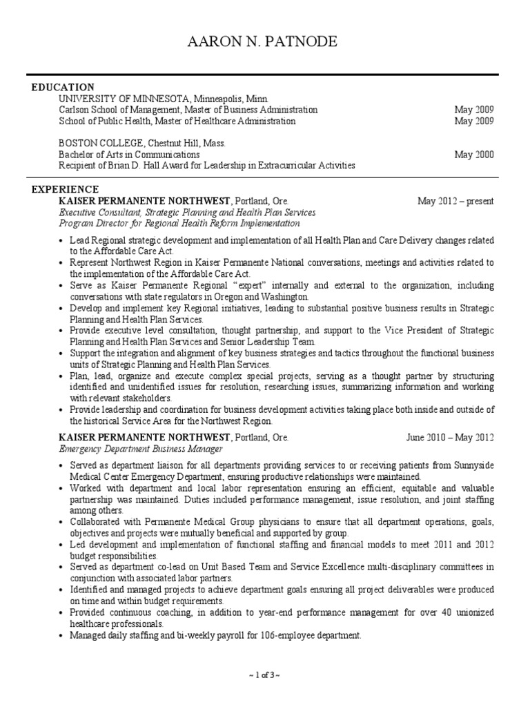 Aaron - Patnode - Resume For Cover Oregon | PDF | Kaiser Permanente ...