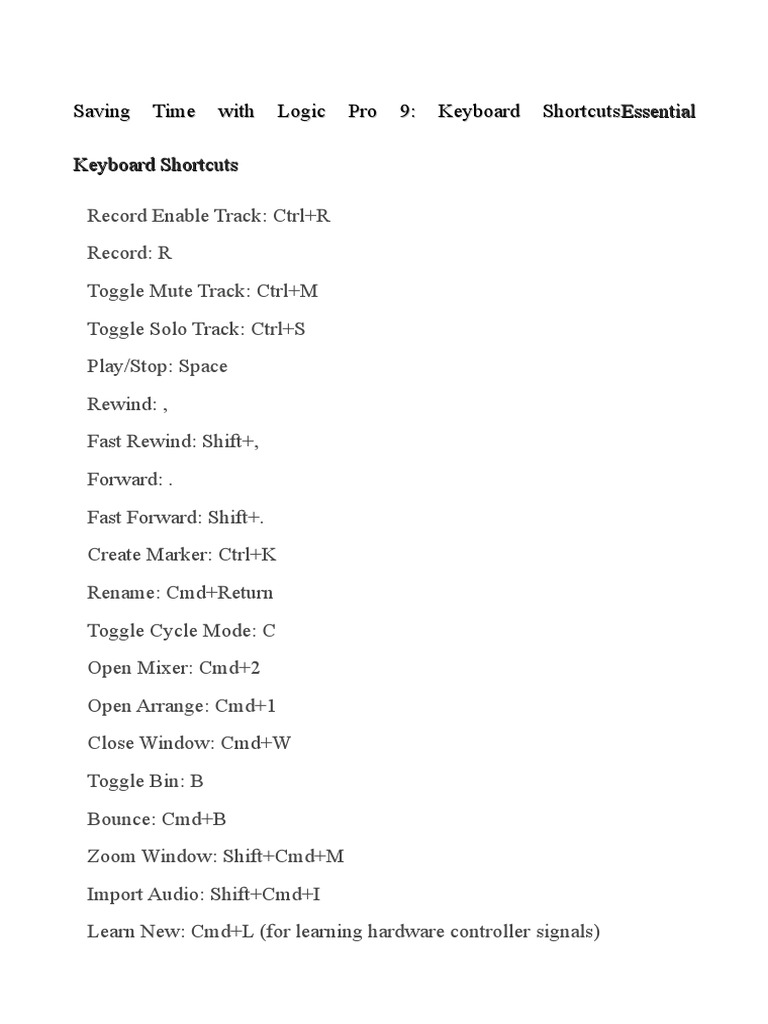 Logic Pro 9 Shortcuts | PDF