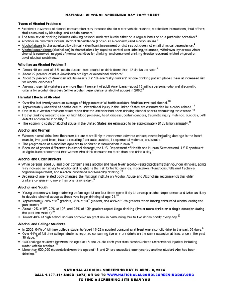 National Alcohol Screening Fact Sheet | PDF | Alcoholism | Substance Abuse
