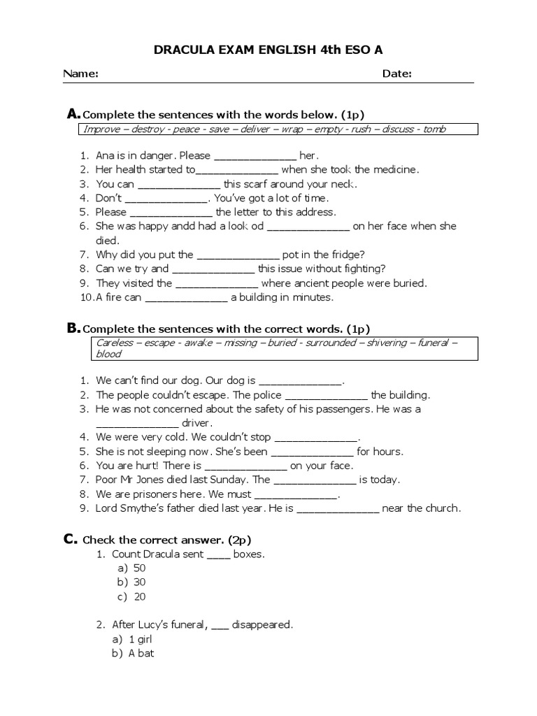 Dracula Exam English 4th Eso A (II) | PDF | Count Dracula
