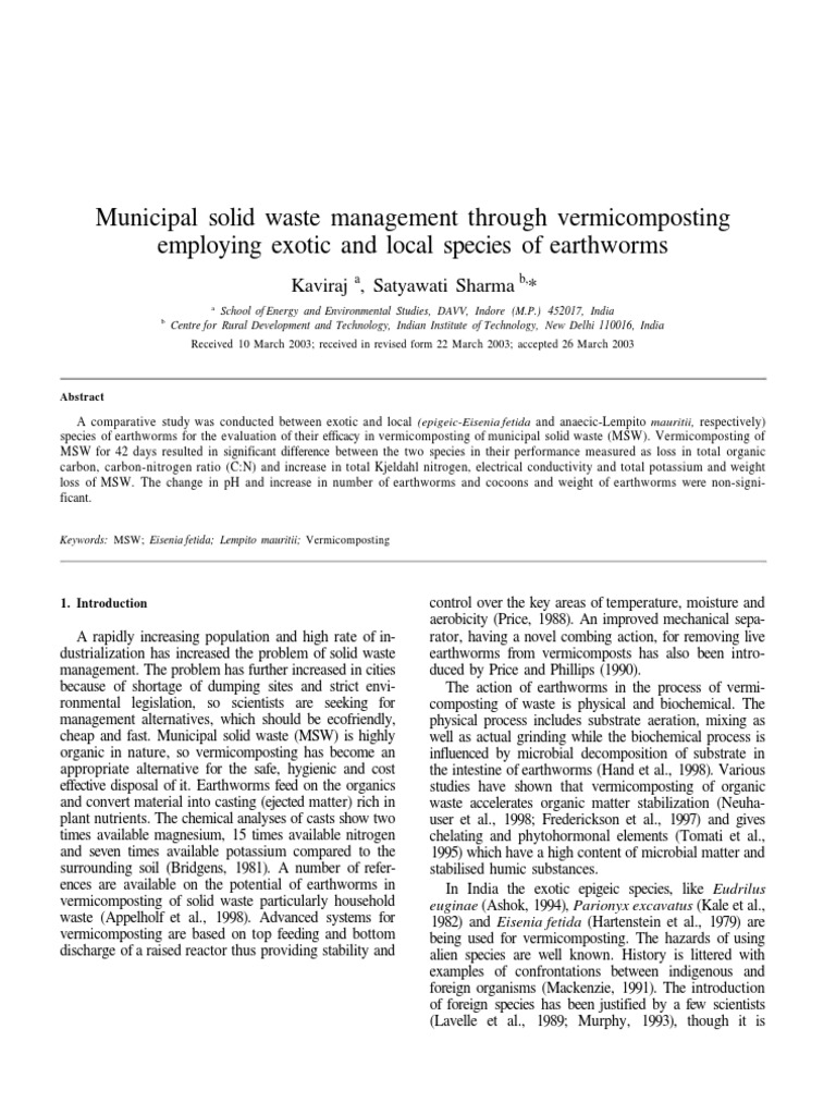 Municipal Solid Waste Management Through Vermicomposting Employing ...