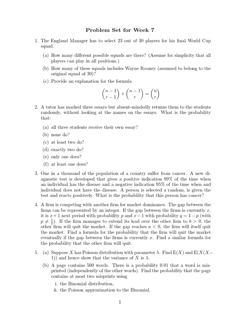 Problem Set For Week 7 | PDF | Poisson Distribution | Teaching Mathematics
