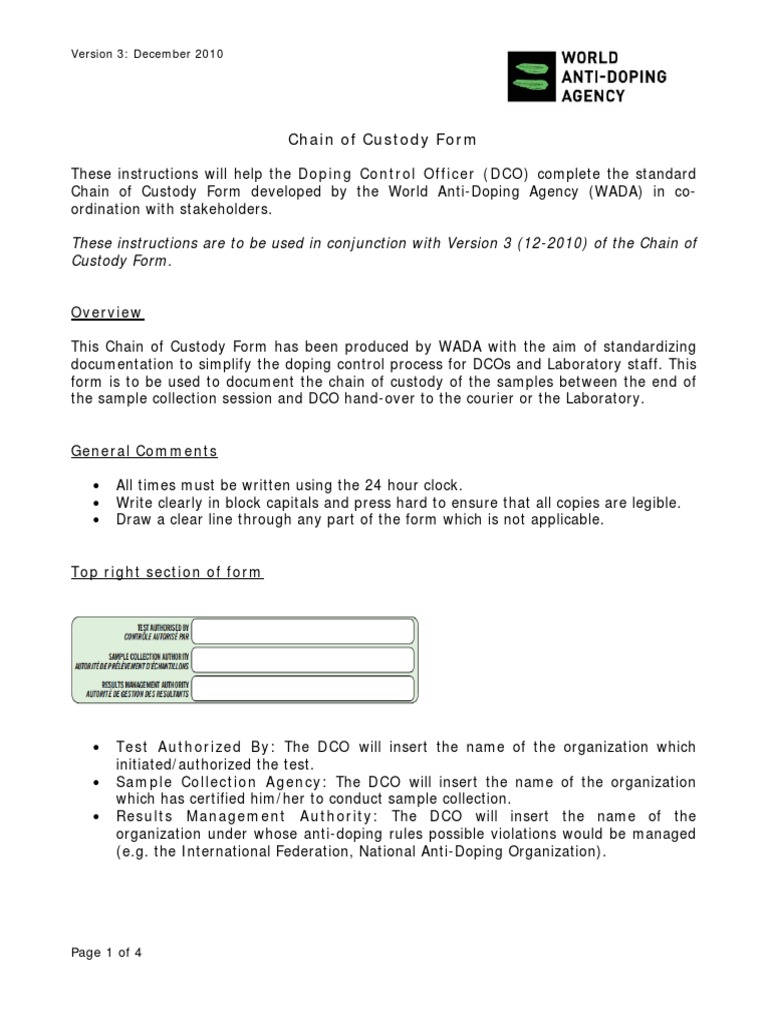 WADA Chain of Custody Form Instructions V3 | PDF | Doping In Sport ...