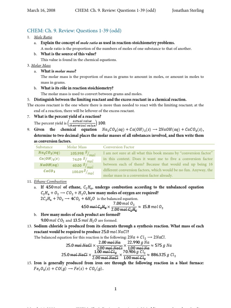 Chapter 9 Stoichiometry Review Answers | PDF | Mole (Unit) | Chemical ...