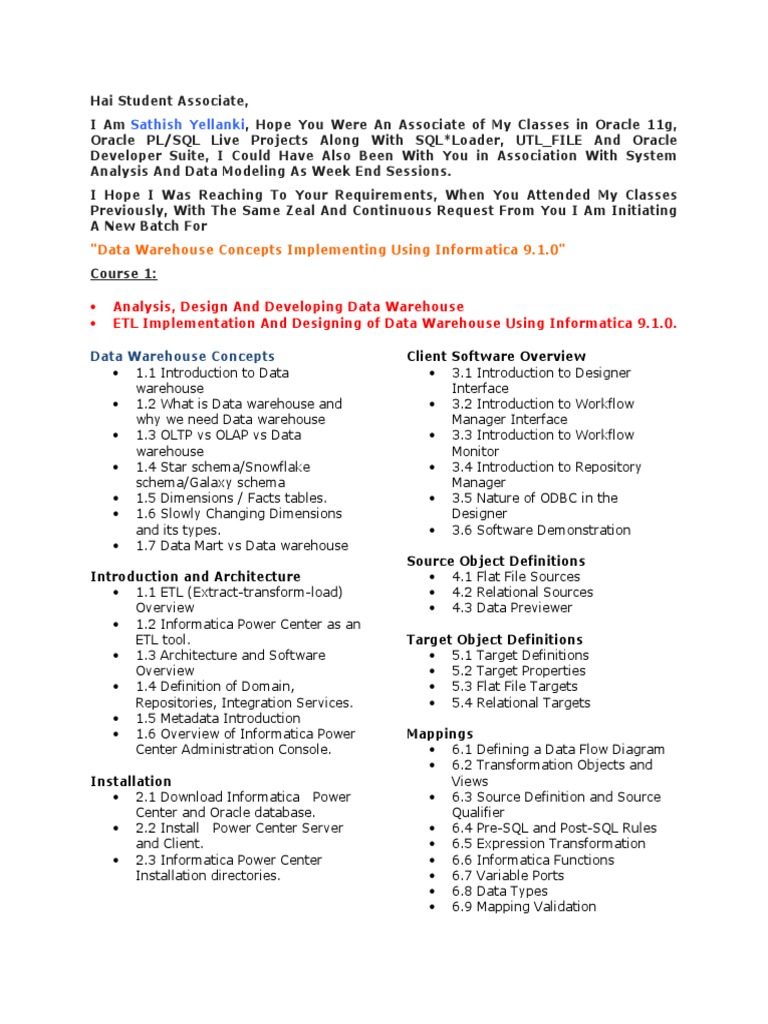 Skyess - Informatica Syllabus. | PDF | Data Warehouse | Oracle Database