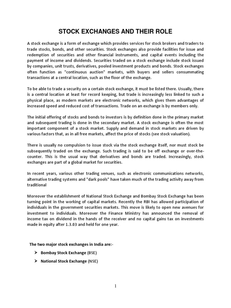 Stock Exchanges and Their Role | PDF | Stock Exchange | Stocks