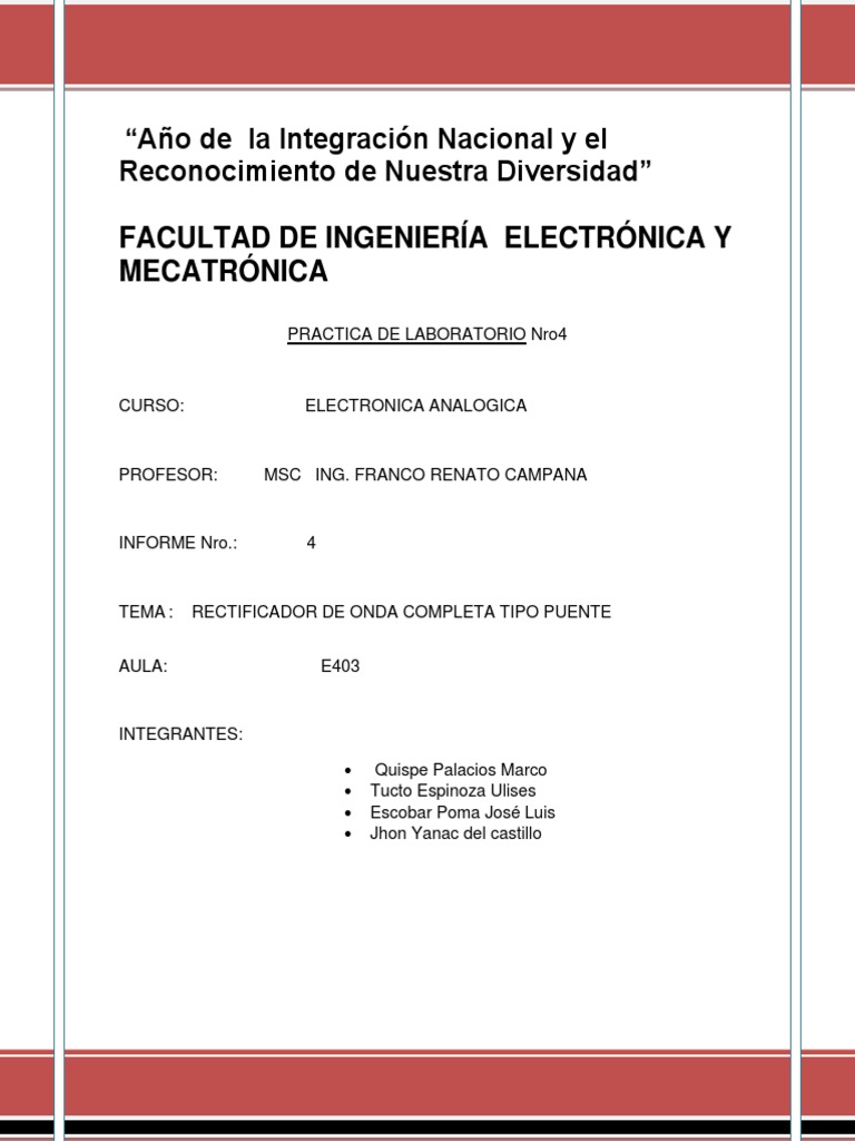 Lab. 4 Final Rectificador de Onda Completa Tipo Puente | PDF | Rectificador | Diodo