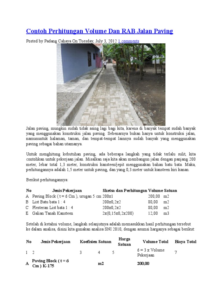 Contoh Perhitungan Volume Dan RAB Jalan Paving | PDF | Griya & Taman ...