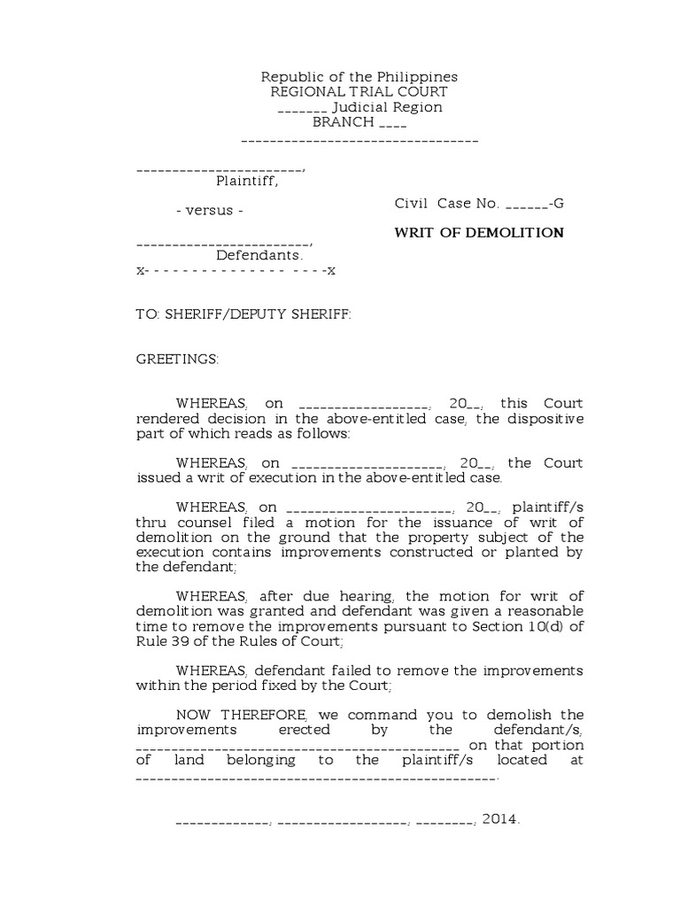 Writ of Demolition Procedure Philippines | PDF | Law | Home & Garden