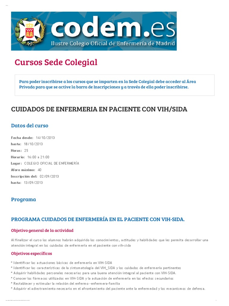 Cuidados de Enfermeria en Paciente Con Vih - Sida - Cursos Sede Colegial - Codem | PDF | VIH ...