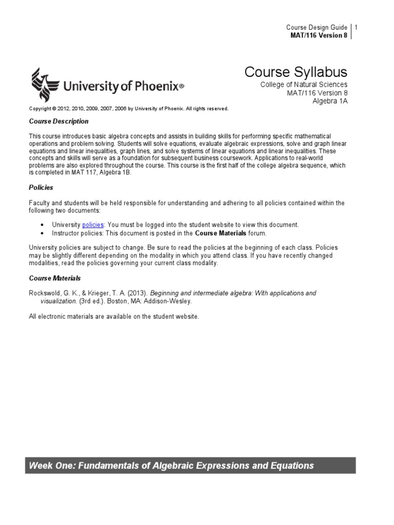 MAT 116 Course Syllabus | PDF | Teaching Mathematics | Equations