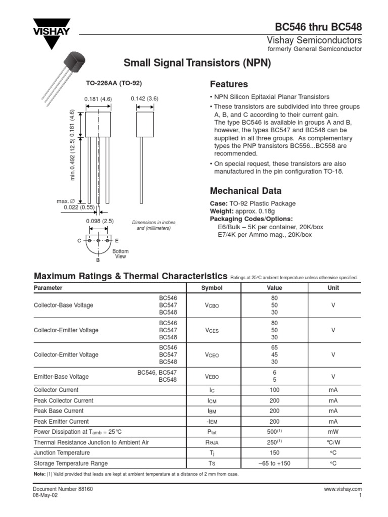 BC546-BC548 NPN Transistor Datasheet | PDF | Bipolar Junction ...