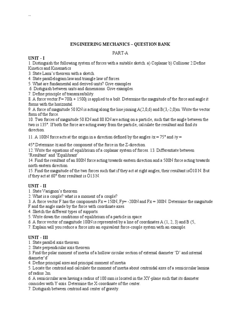 Engineering Mechanics Question Bank | PDF | Acceleration | Force
