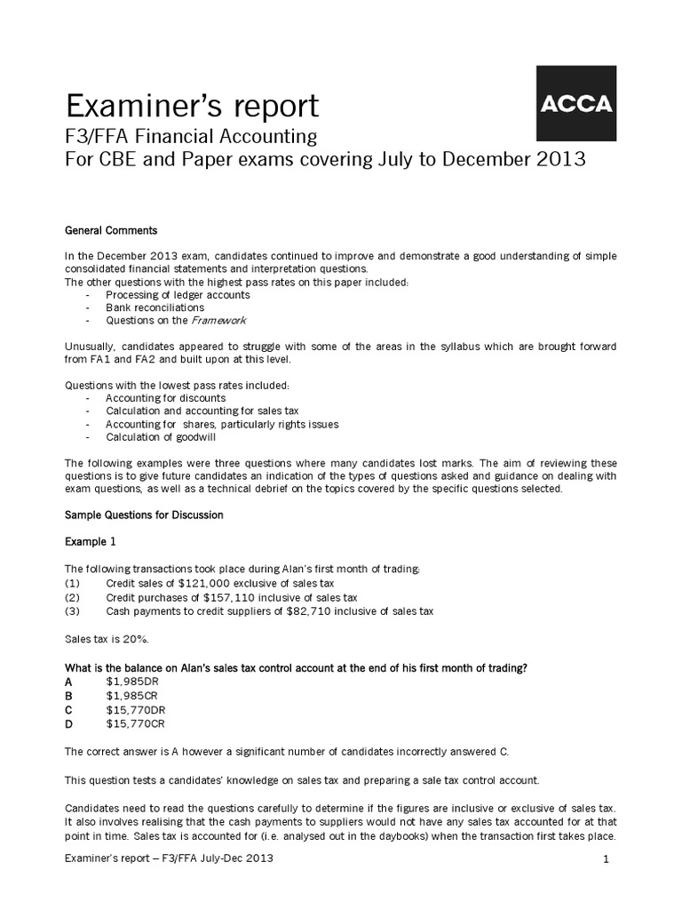ACCA F3 Jan 2014 Examiner Report | Debits And Credits | Goodwill ...