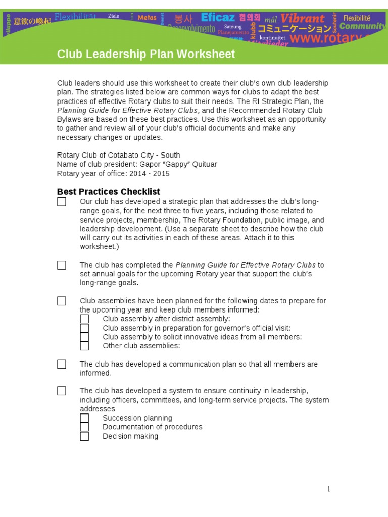 Club Leadership Plan Worksheet | PDF | Strategic Planning | Accountability
