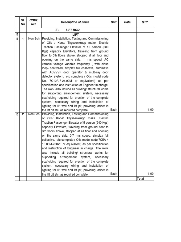 Lift Boq | PDF | Elevator | Electrical Engineering