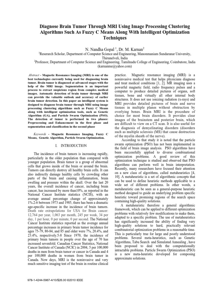 Brain Tumor Detection Using Fuzzy C Means | PDF | Metaheuristic | Image Segmentation