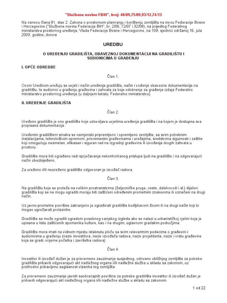 Uredba o Uredjenju Gradilista, Obaveznoj Dokumentaciji Na Grtadilistu I Sudionicima U Gradjenju ...