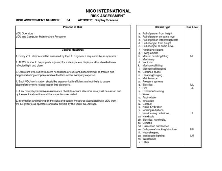 VDU Risk Assessment and Control Measures | PDF