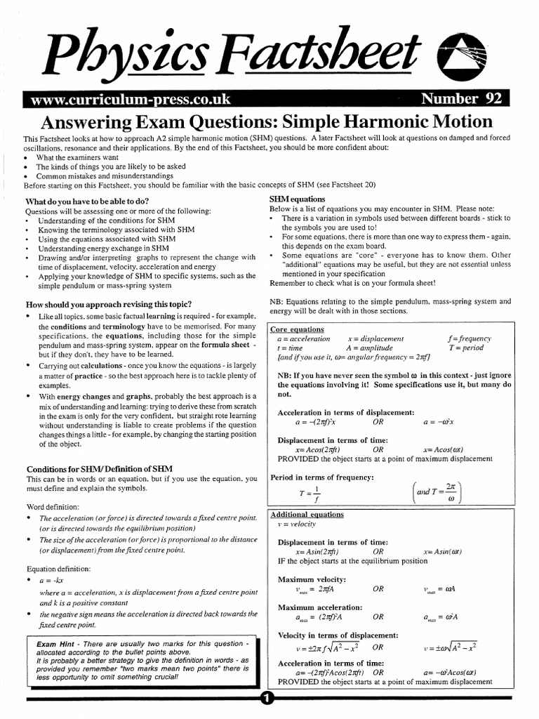 Oscillations (Physics Factsheet) | PDF | Trigonometric Functions ...
