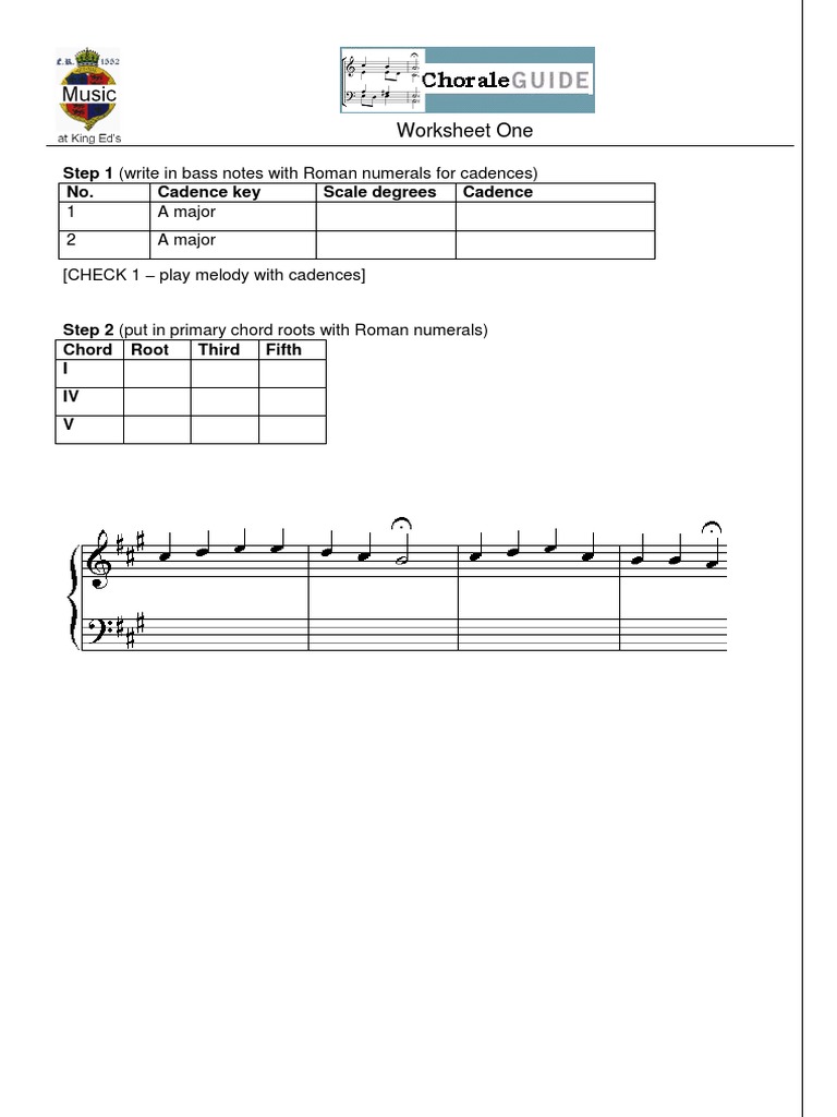 Worksheet One: Step 1 (Write in Bass Notes With Roman Numerals For ...