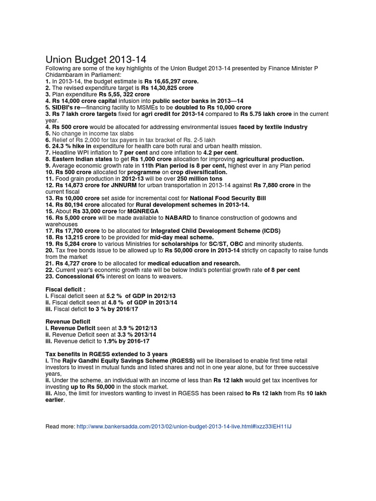 Key Highlights of Union Budget 2013-14 | PDF | Finance & Money ...