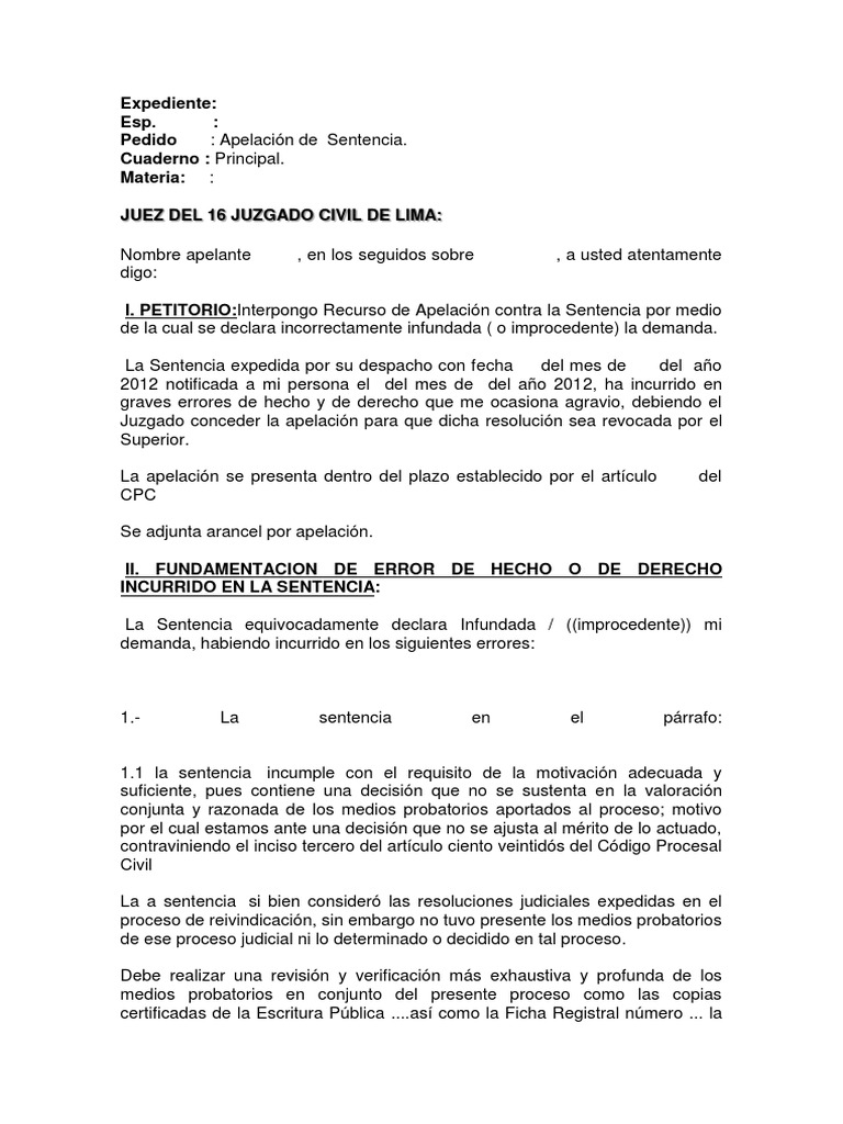 Modelo de Recurso de Apelacion | PDF | Sentencia (Ley) | Demanda judicial