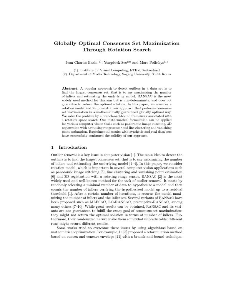 Globally Optimal Consensus Set Maximization Through Rotation Search | PDF | Mathematical ...