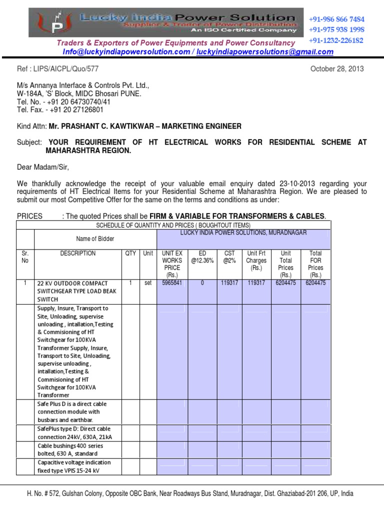 Quotation HT Works Residential Scheme | PDF | Invoice | Fuse (Electrical)