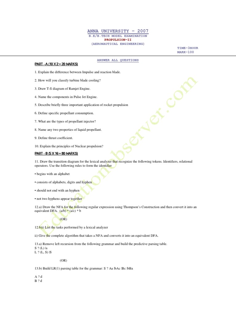 Anna University - 2007: B.E/B.Tech Model Examination (Aeronautical ...