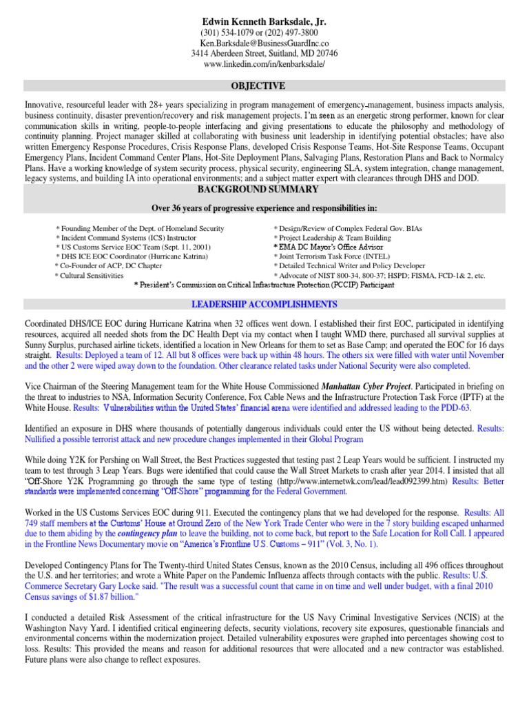 Disaster Recovery Manager Consultant in Washington DC Resume Edwin ...