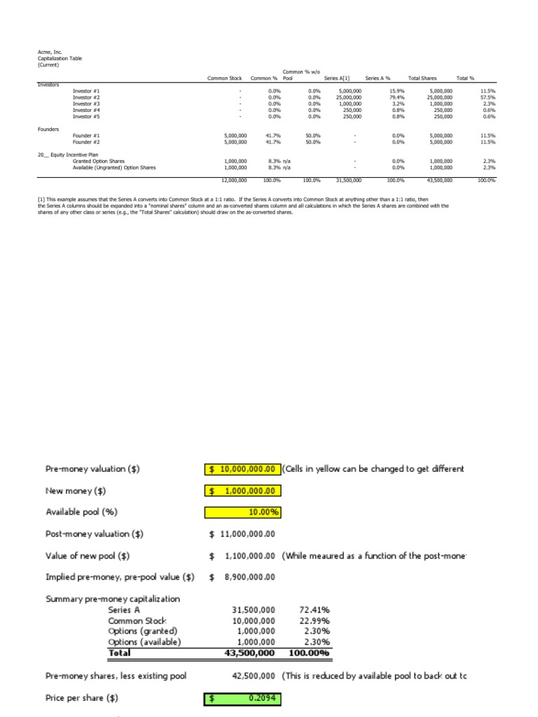 Sample Capitalization Table With Pro-Forma Calculations Based On New ...
