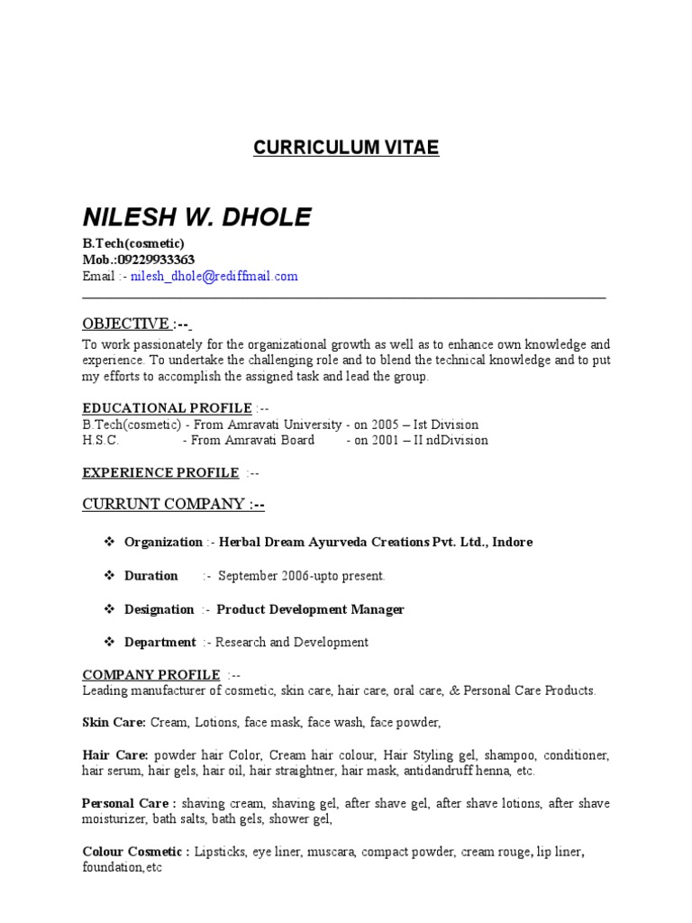 Nilesh W. Dhole: Curriculum Vitae | PDF | Cosmetics | Shaving