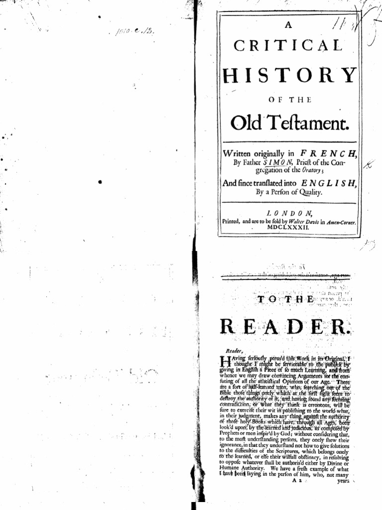 Simon, Richard - A Critical History of The Old Testament - 1682 | PDF ...