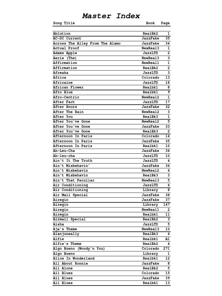 Master Index For Real Books | PDF