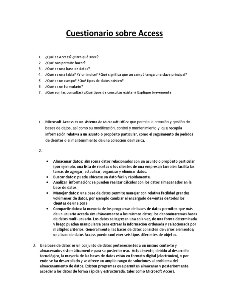 Cuestionario Access | PDF | Tabla (base de datos) | Bases de datos