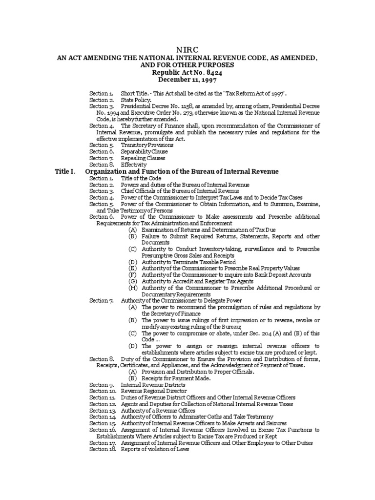 NIRC Outline With Sections | PDF | Tax Deduction | Income Tax