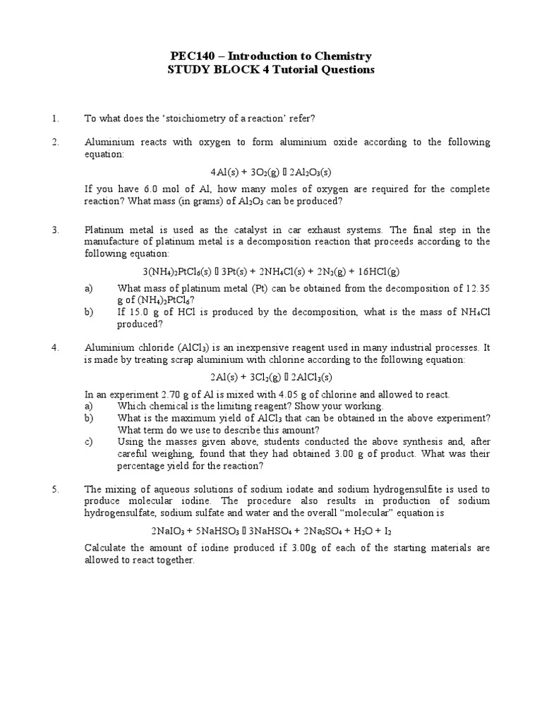 Chemistry Stoichiometry Tutorial Questions | PDF | Redox | Iodine