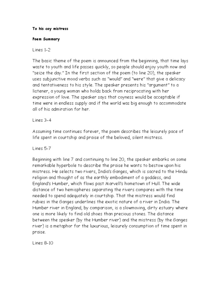 To His Coy Mistress Poem Summary | Download Free PDF | Horace | Oliver ...