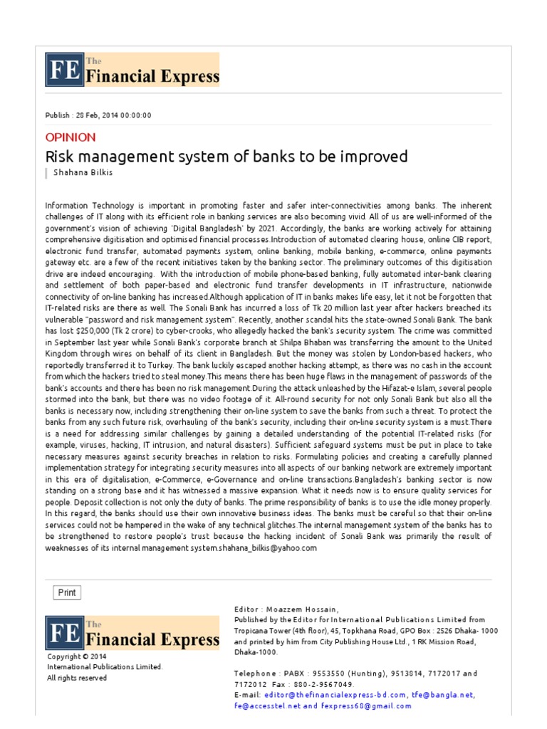 Risk Management System of Banks To Be Improved | PDF | Banks | Security